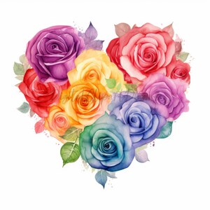 Rainbow Roses Heart Clipart, 15 JPG Watercolor Colorful Flowers, Card ...