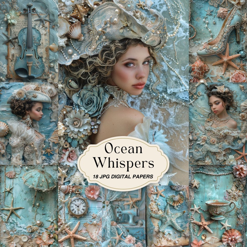 Ocean Whispers Junk Journal Paper, Vintage Girls, Sea Digital Scrapbook Paper, Beach Printables ...