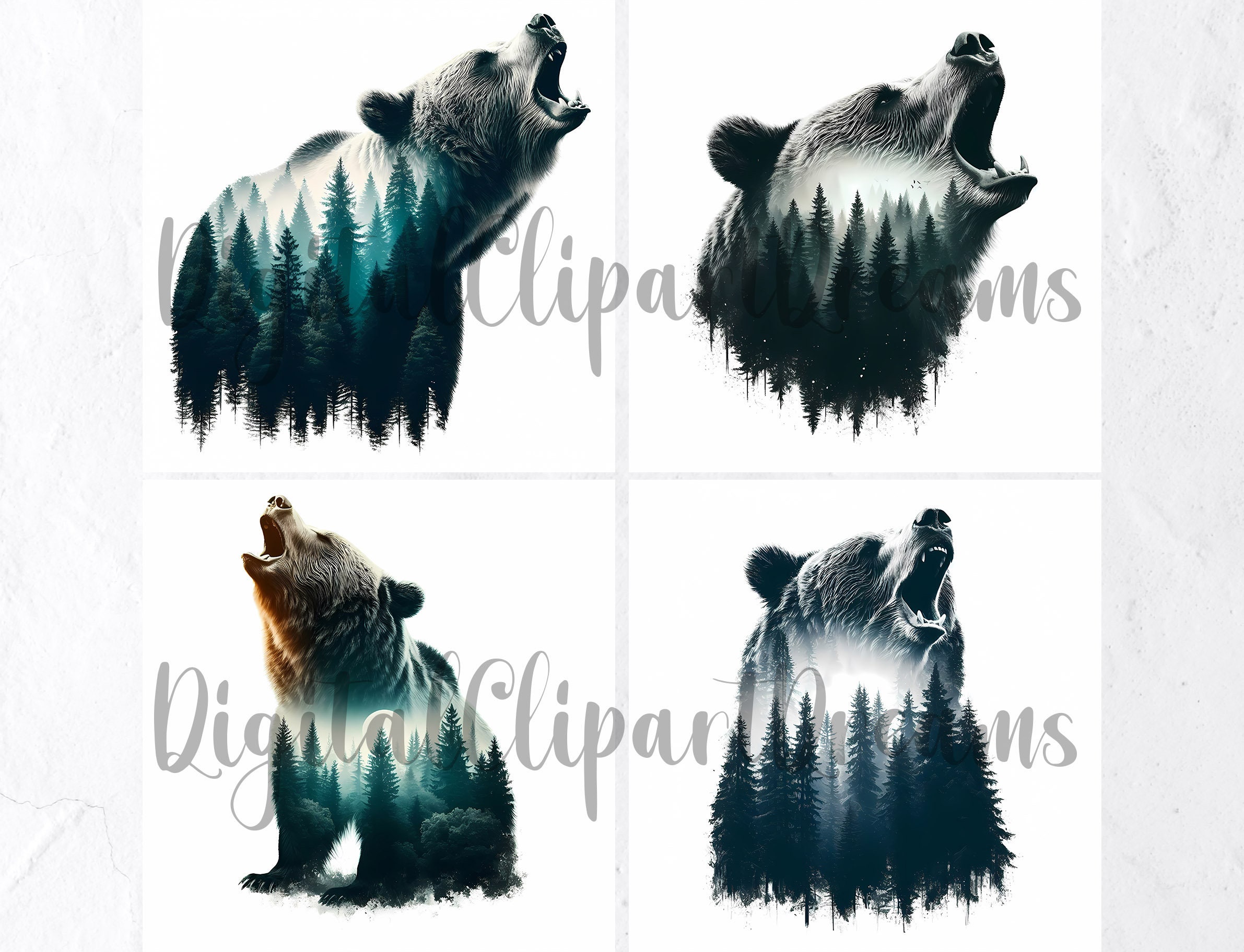 Howling Bear Clipart, Double Exposure Bear, 18 High Quality JPG ...