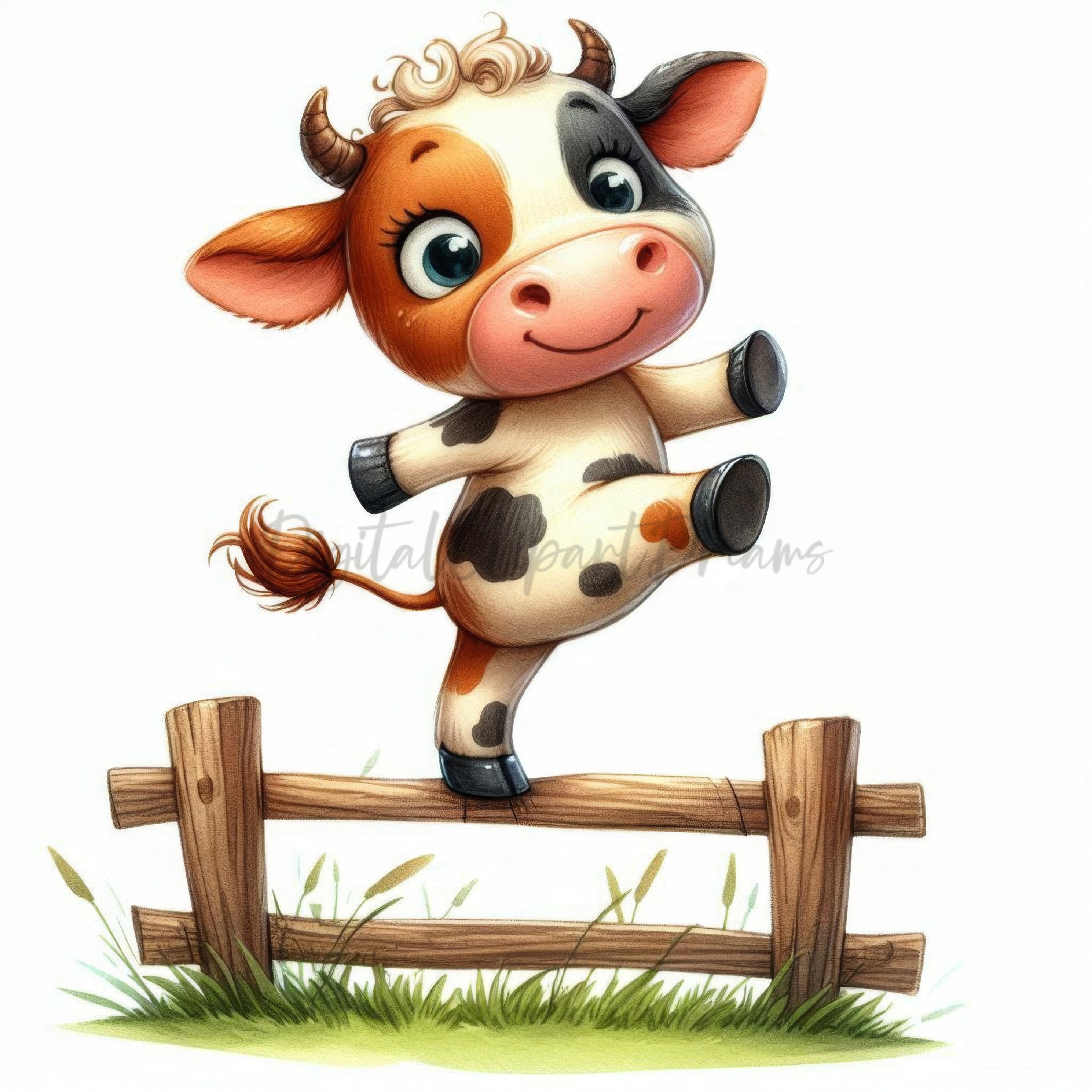 Cute Baby Cow Clipart, 18 JPG Watercolor Farm Animal Clip Art, Funny ...