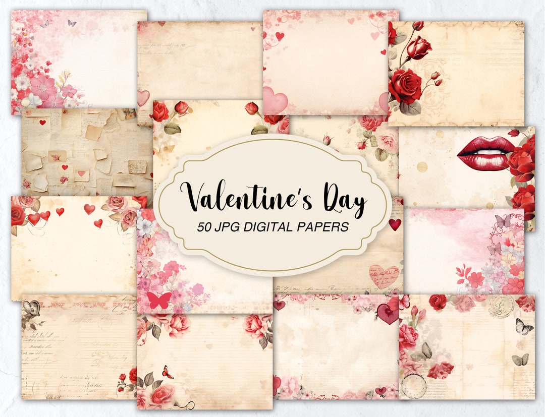 Valentine's Day Papers Collage Printable Junk Journal Pages, Vintage ...