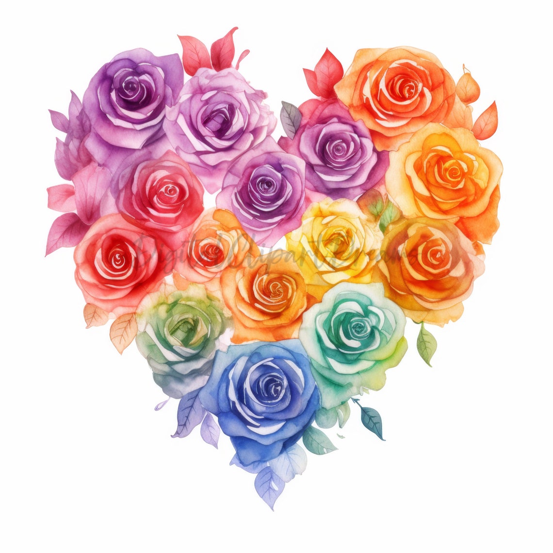 Rainbow Roses Heart Clipart, 15 JPG Watercolor Colorful Flowers, Card ...
