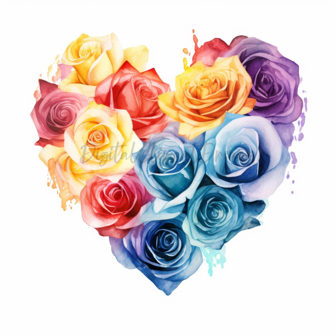 Rainbow Roses Heart Clipart, 15 JPG Watercolor Colorful Flowers, Card ...
