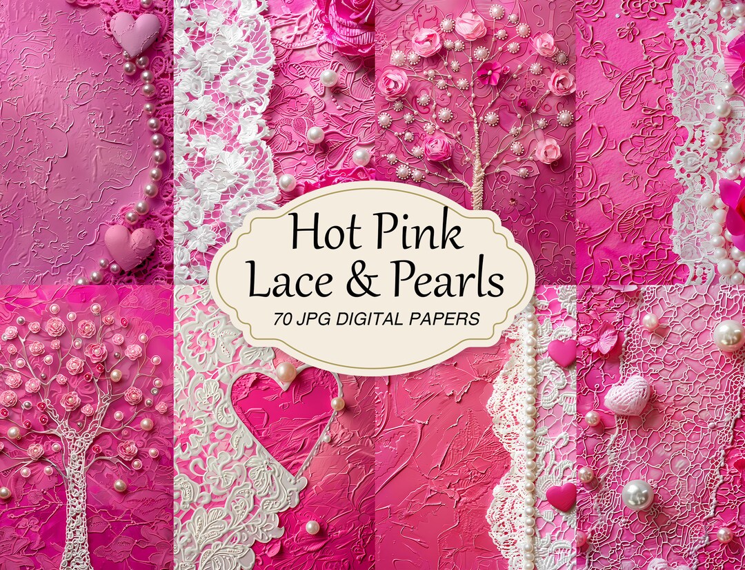 Vintage Hot Pink Lace and Pearls Paper, Shabby Chic Printable (digital ...