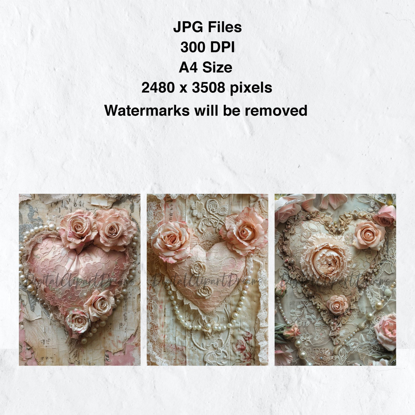 Shabby Chic Heart Junk Journal Pages: Vintage Lace & Pearls (digital ...