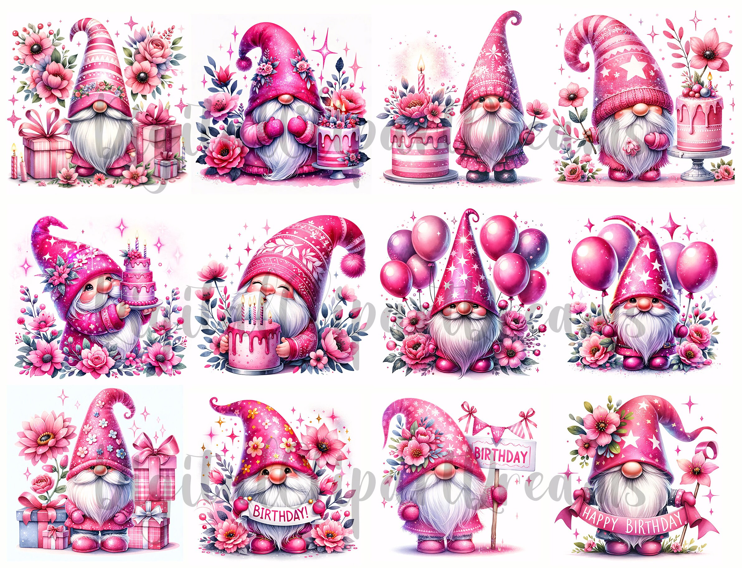 Birthday Gnome Watercolor Clipart, 12 High Quality JPG Pink Birthday ...