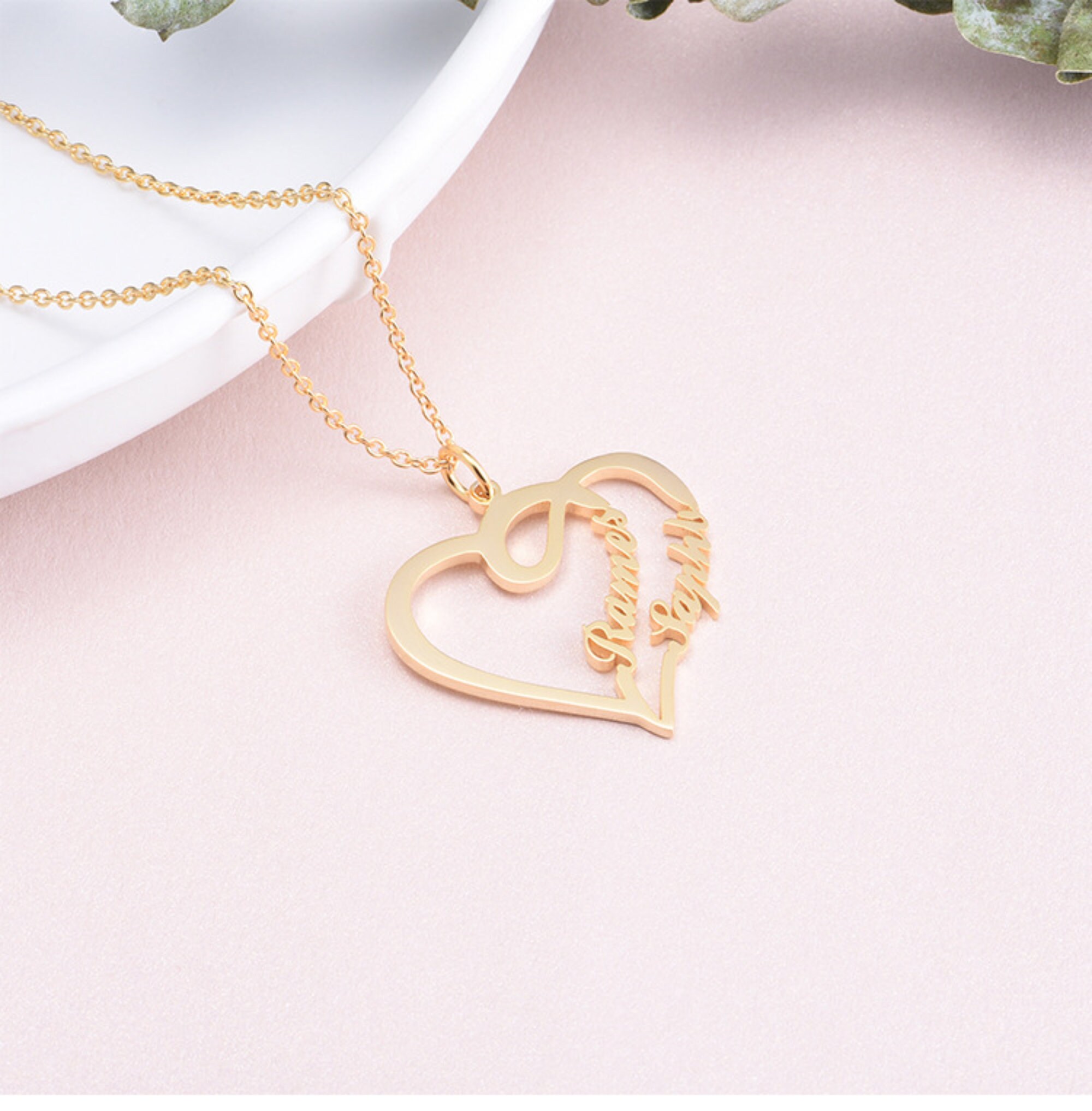 Double Name Necklace Heart, Two Names, Customize Heart, Custom Dainty ...
