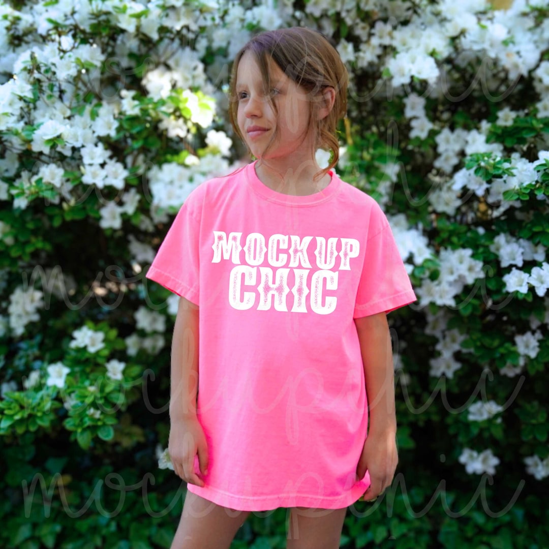 Kid Neon Pink Shirt Mockup, Comfort Colors 9018 Pink T-shirt Mock-up ...