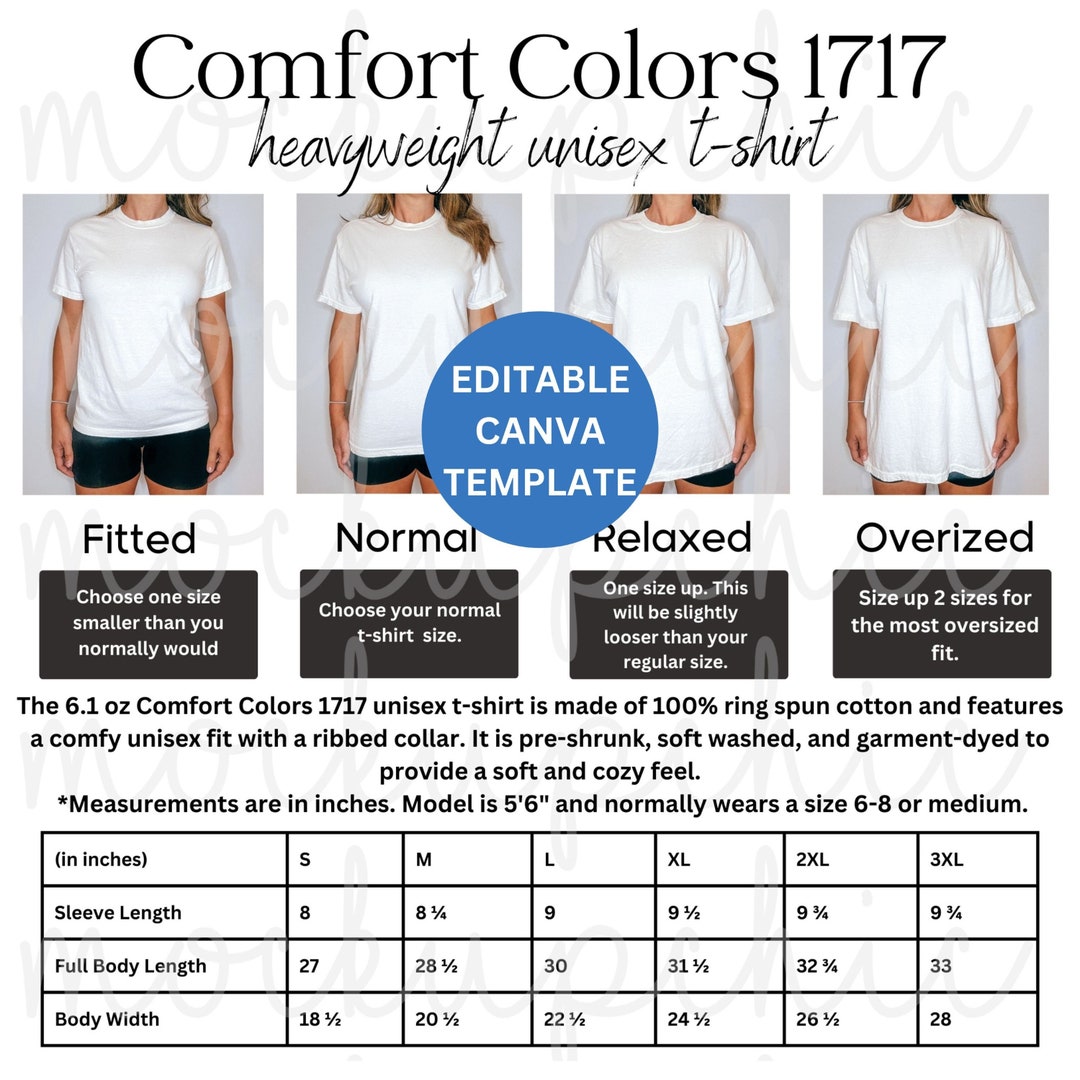 Size Chart Comfort Colors 1717 Editable Shirt Measurements Sizing Guide ...