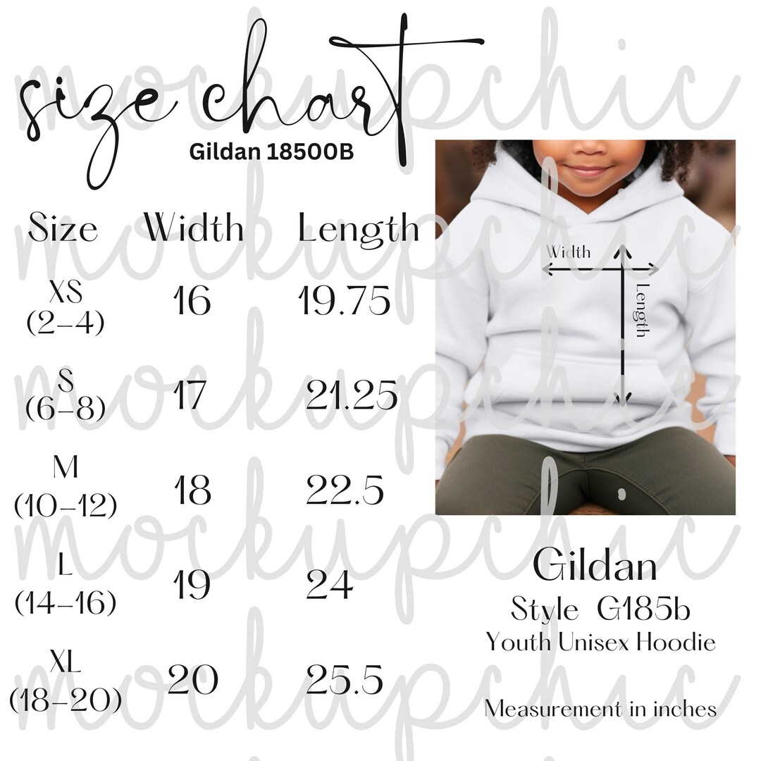 Size Chart Gildan 18500b Youth Hoodie, Style 18500 Kids Hooded ...
