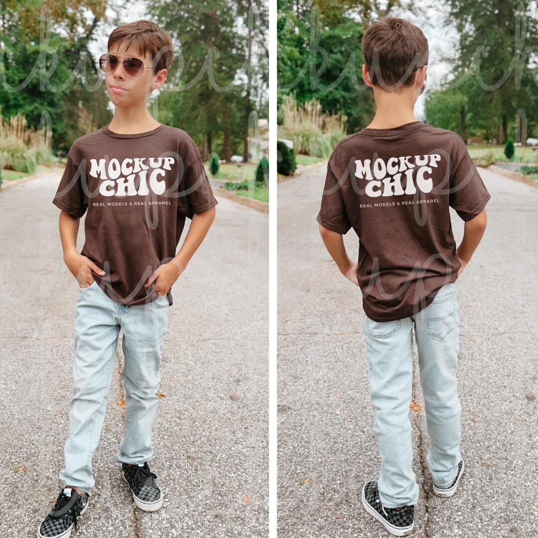 Dark Chocolate Gildan 5000b Mockup, Front Back Dual Mock, Kid Brown ...