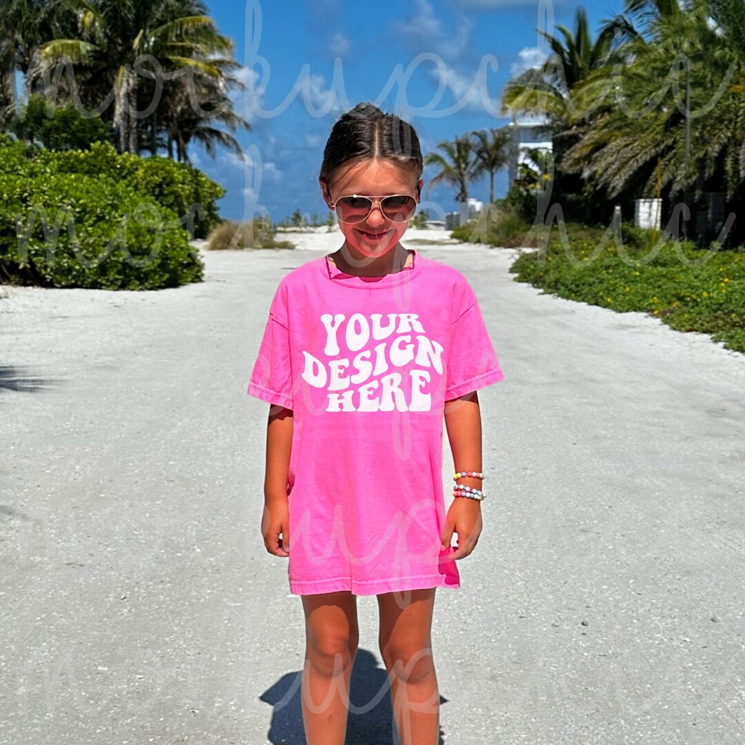 Kid Neon Pink Shirt Mockup, Comfort Colors 9018 Pink T-shirt Mock-up ...