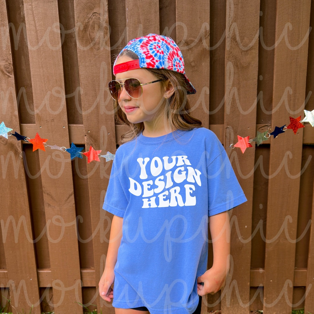 Kid Flo Blue Comfort Colors Shirt Mockup, Girl 9018 Blue T-shirt, 4th ...