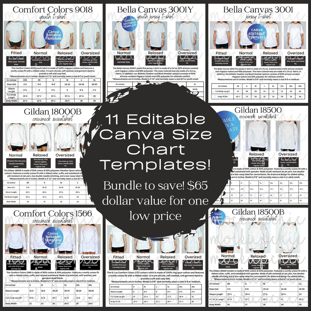 Size Chart Bundle Editable Canva Template, Sweatshirt Tshirt Hoodie ...