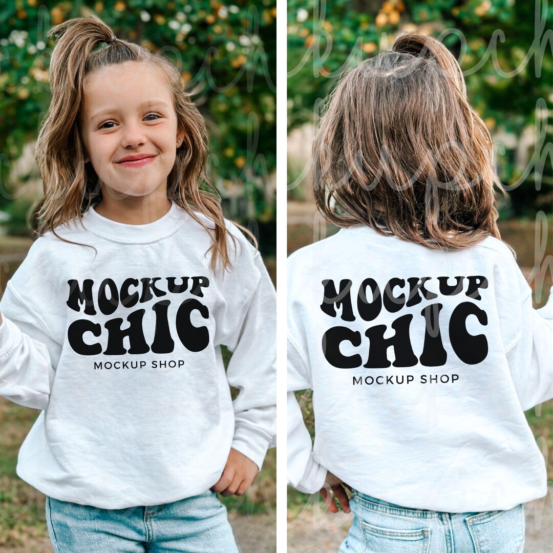 Mockup Gildan 18000 FRONT & BACK Kids White Sweatshirt Kid Shirt ...