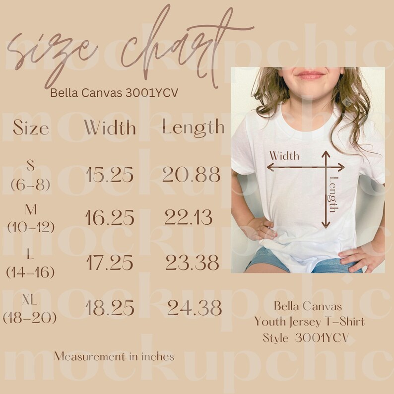 3001Y Size Chart Mockup Bella Canvas 3001 Youth Sizing - Etsy