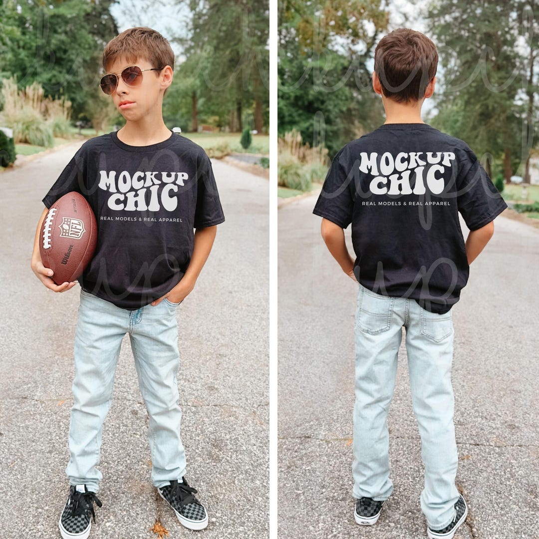 Black Gildan 5000b Mockup, Front Back Dual Mock, Kid Black Shirt Mock ...