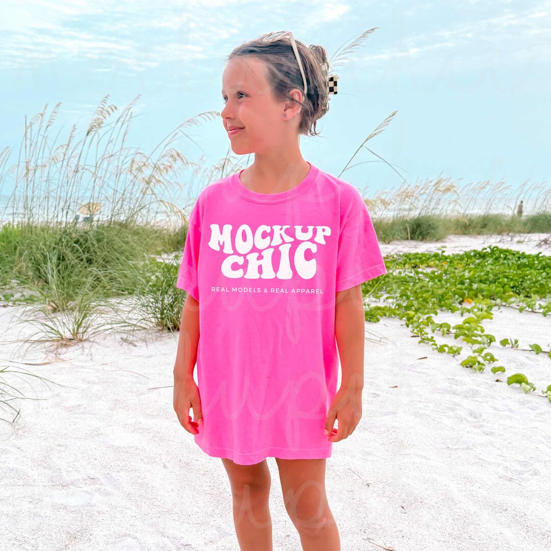 Kid Neon Pink Shirt Beach Mockup, Pink Comfort Colors 9018, Youth T ...
