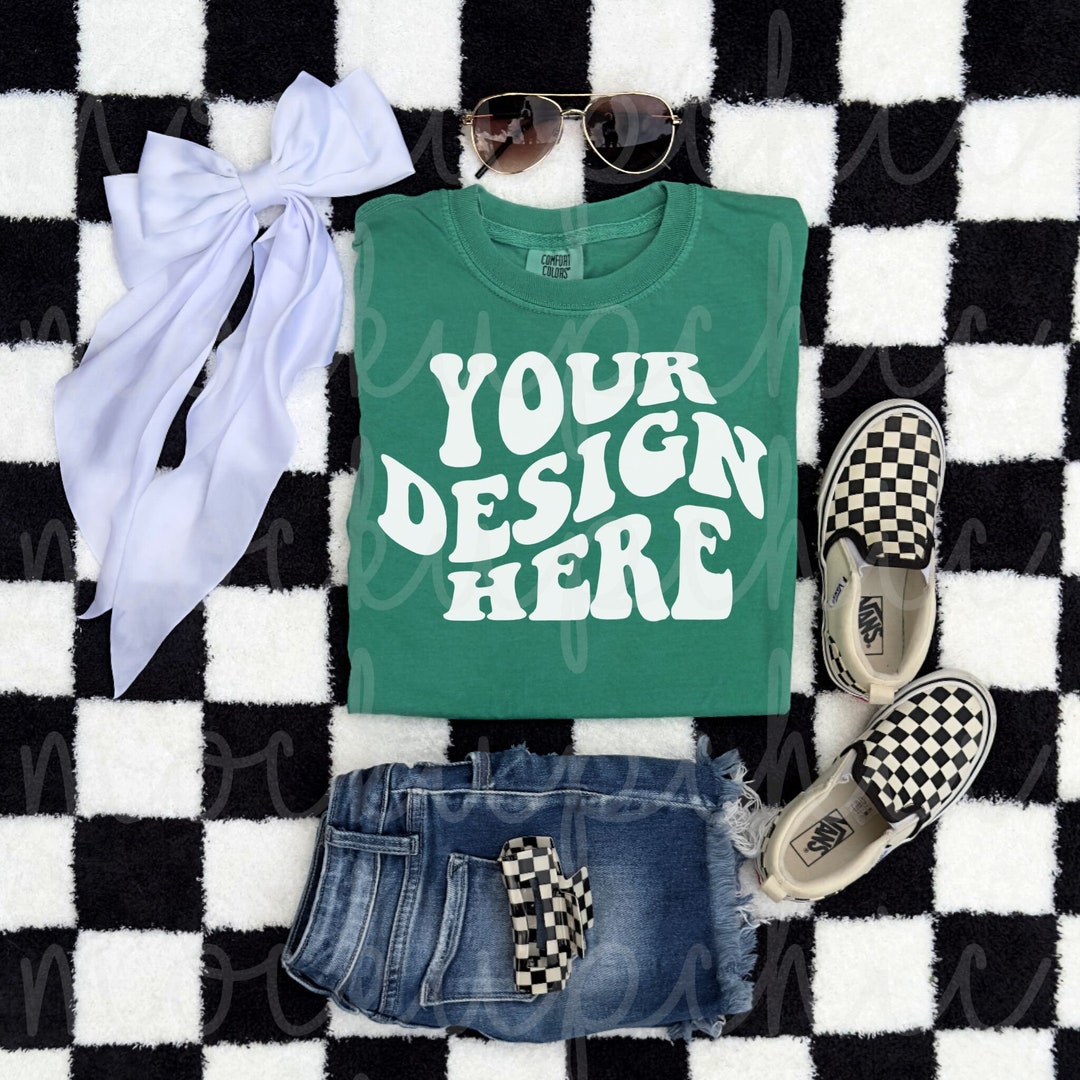 Grass Shirt Flatlay Mockup, Comfort Colors 9018 Green T-shirt, Styled ...
