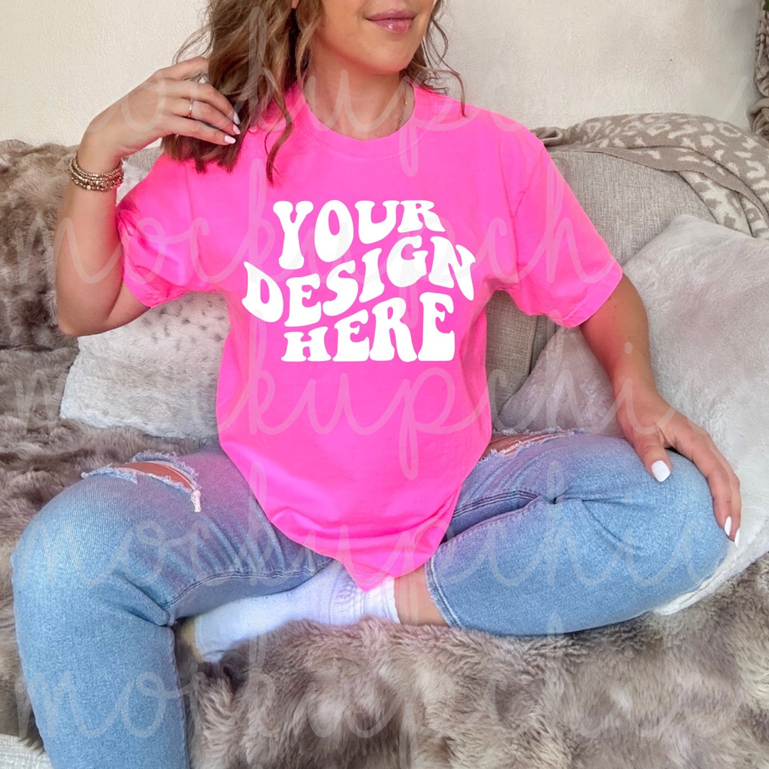 Neon Pink Shirt Mockup, Comfort Colors 1717 Tshirt Photo, Adult Woman ...