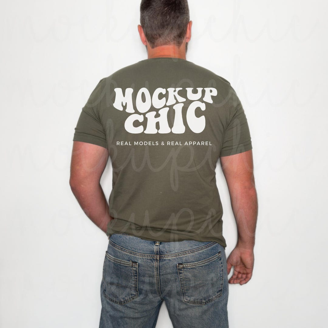 Military Green Back of Shirt Male Mockup, Men's Bella Canvas 3001 T ...