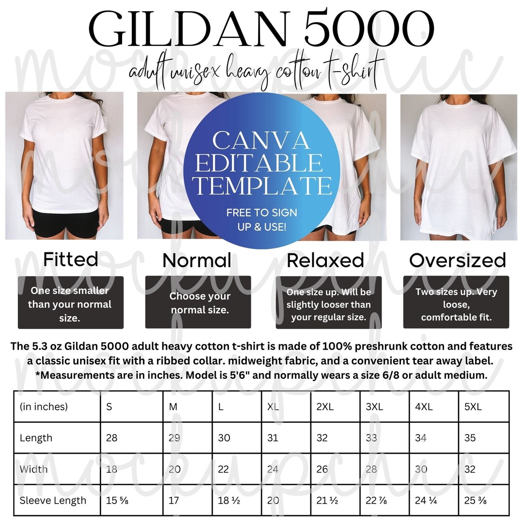 Size Chart 5000 Gildan T-shirt, Editable Gildan 5000 Sizes, G500 Sizing ...