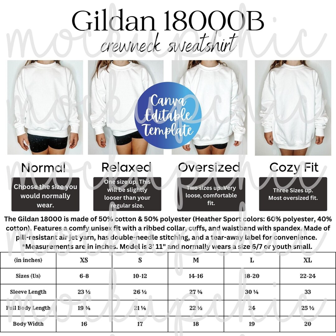 Gildan Size Chart 18000B Youth, Editable Gildan 18000 Sizes, G180B ...