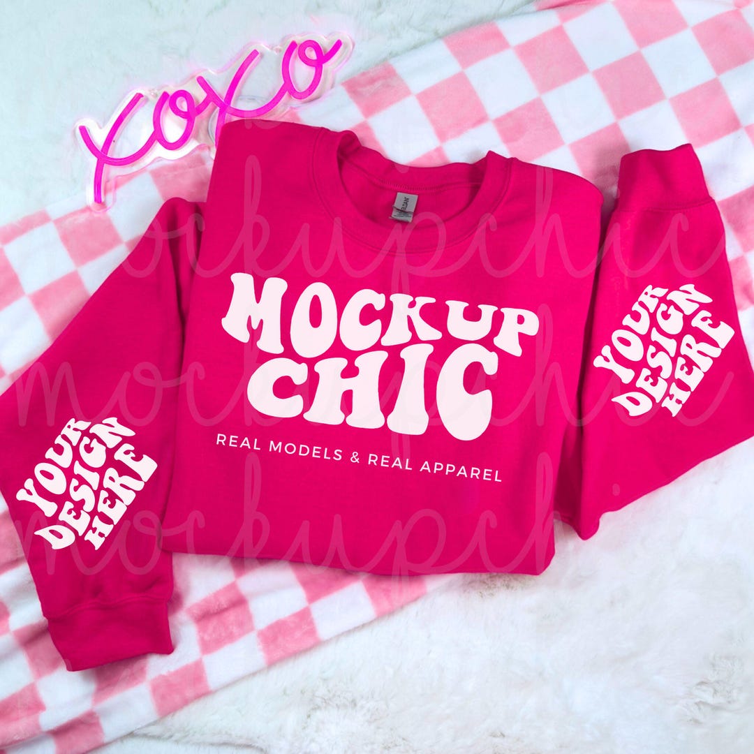 Heliconia Sweatshirt Flat Lay Mockup, Gildan 18000 Pink Crewneck ...