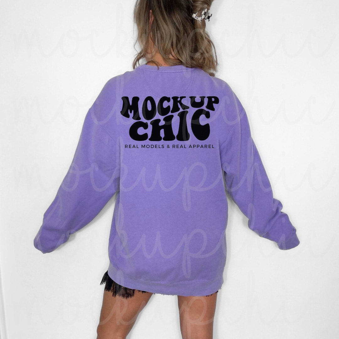 Violet Back of Sweatshirt Sleeve Mockup, Purple Comfort Colors 1566 ...