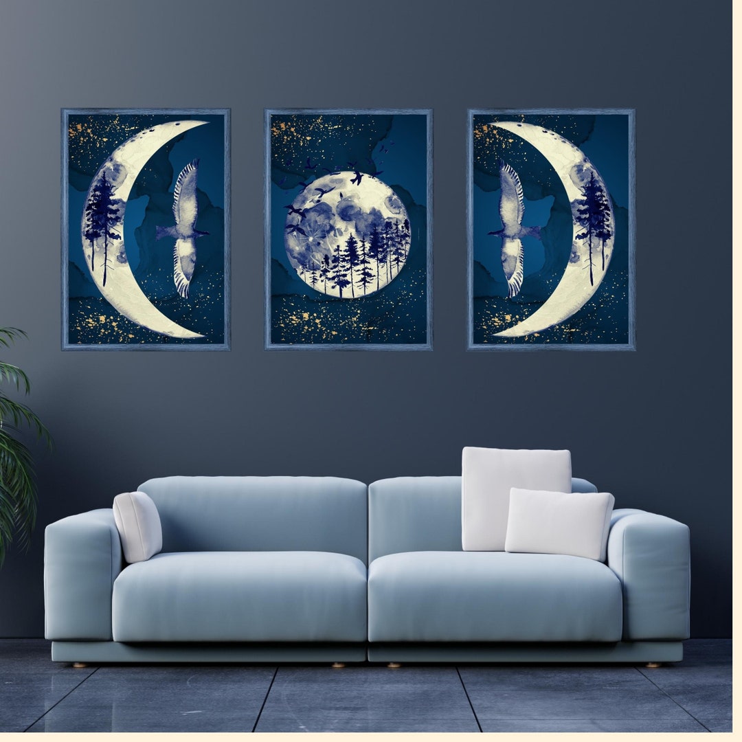 Moon Phase Print Set - Navy Blue Abstract Moon Art - 3 Piece Wall Art ...