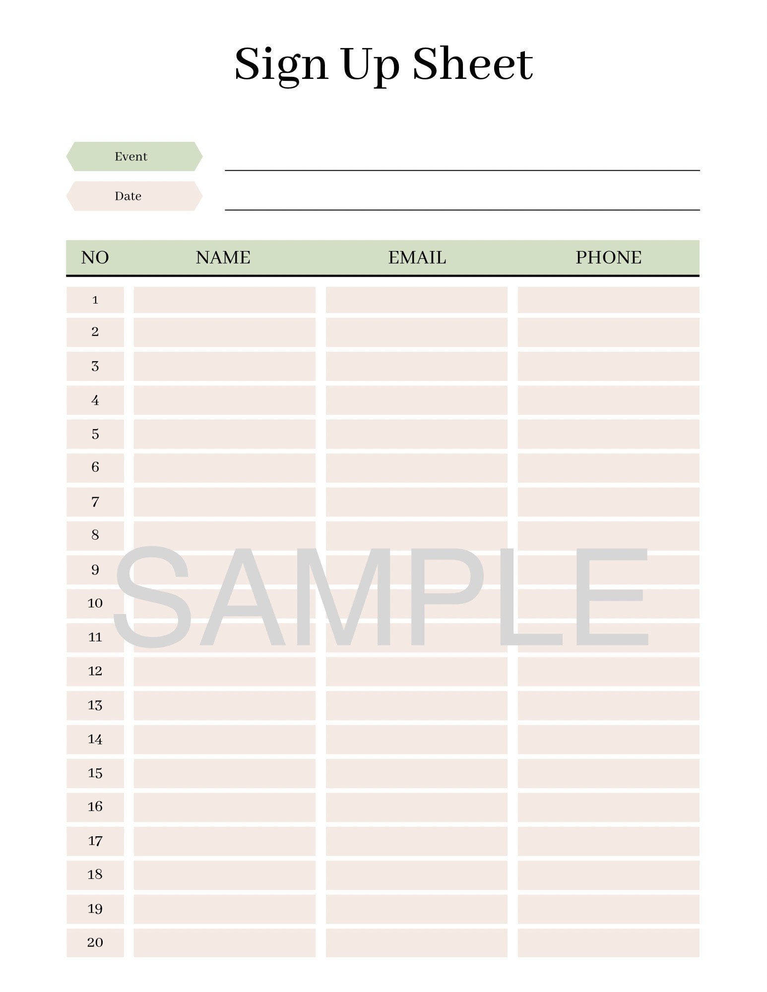 Sign up Sheet Instant Download Printable - Etsy