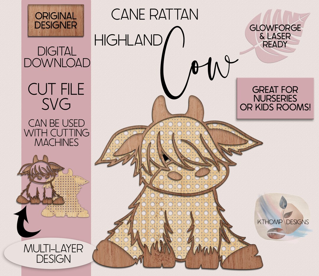 Laser Cut Cane Rattan and Solid Highland Cow SVG, Shaggy Cow SVG ...