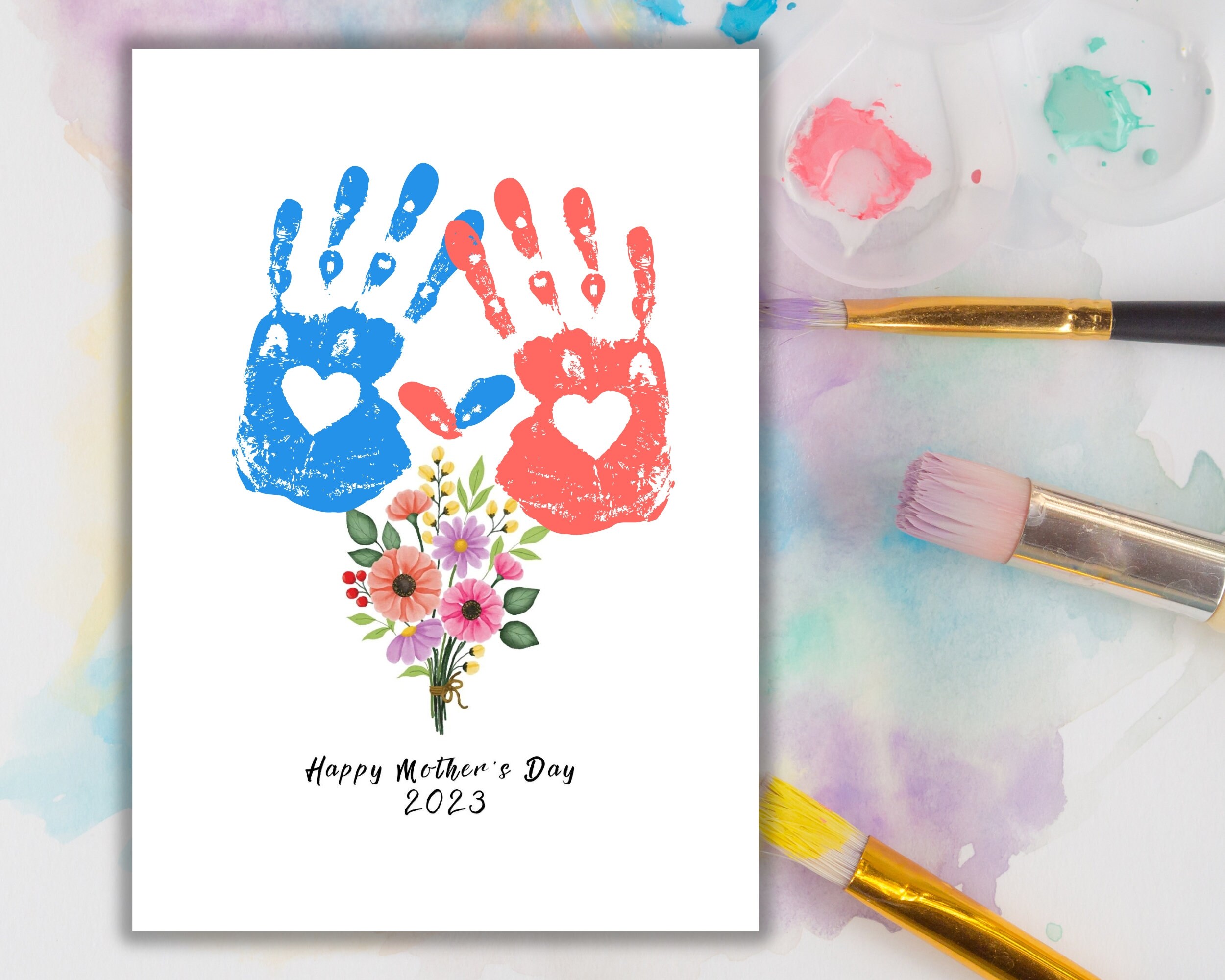 Mother's Day Handprint Craft Printable Pink Floral Bouquet DIY Template ...