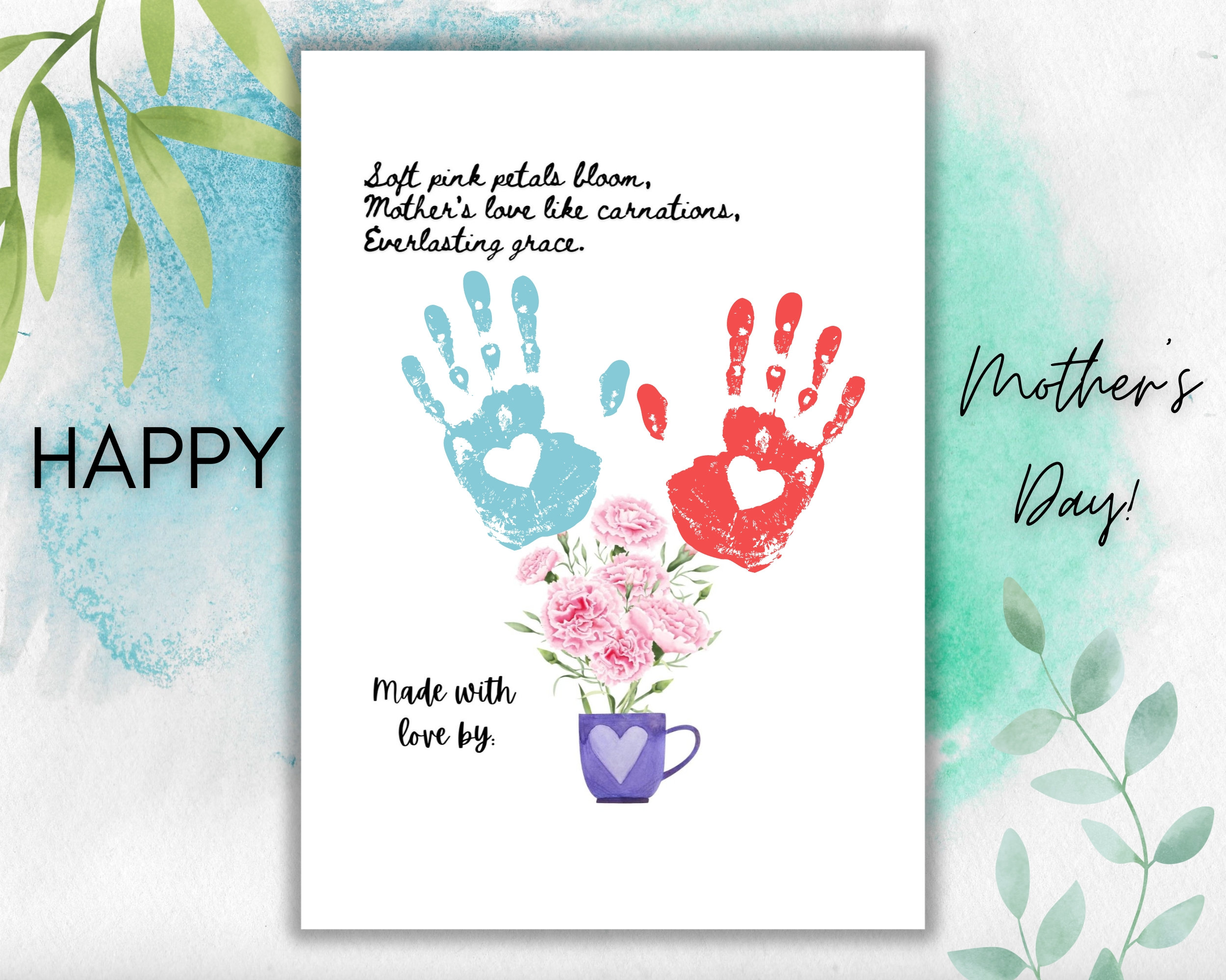 Mother's Day Handprint Craft Printable, Carnation Teacup DIY Template ...