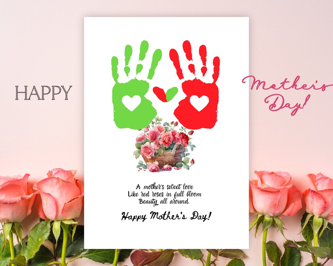 Mother's Day Handprint Craft Printable, Red Rose Basket DIY Template ...