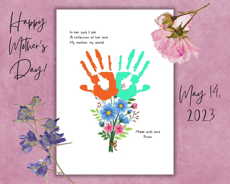 Mother's Day Handprint Craft Printable Blue Floral Bouquet DIY Template ...