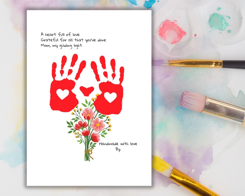 Mother's Day Handprint Craft Printable, Red Floral Bouquet DIY Template ...