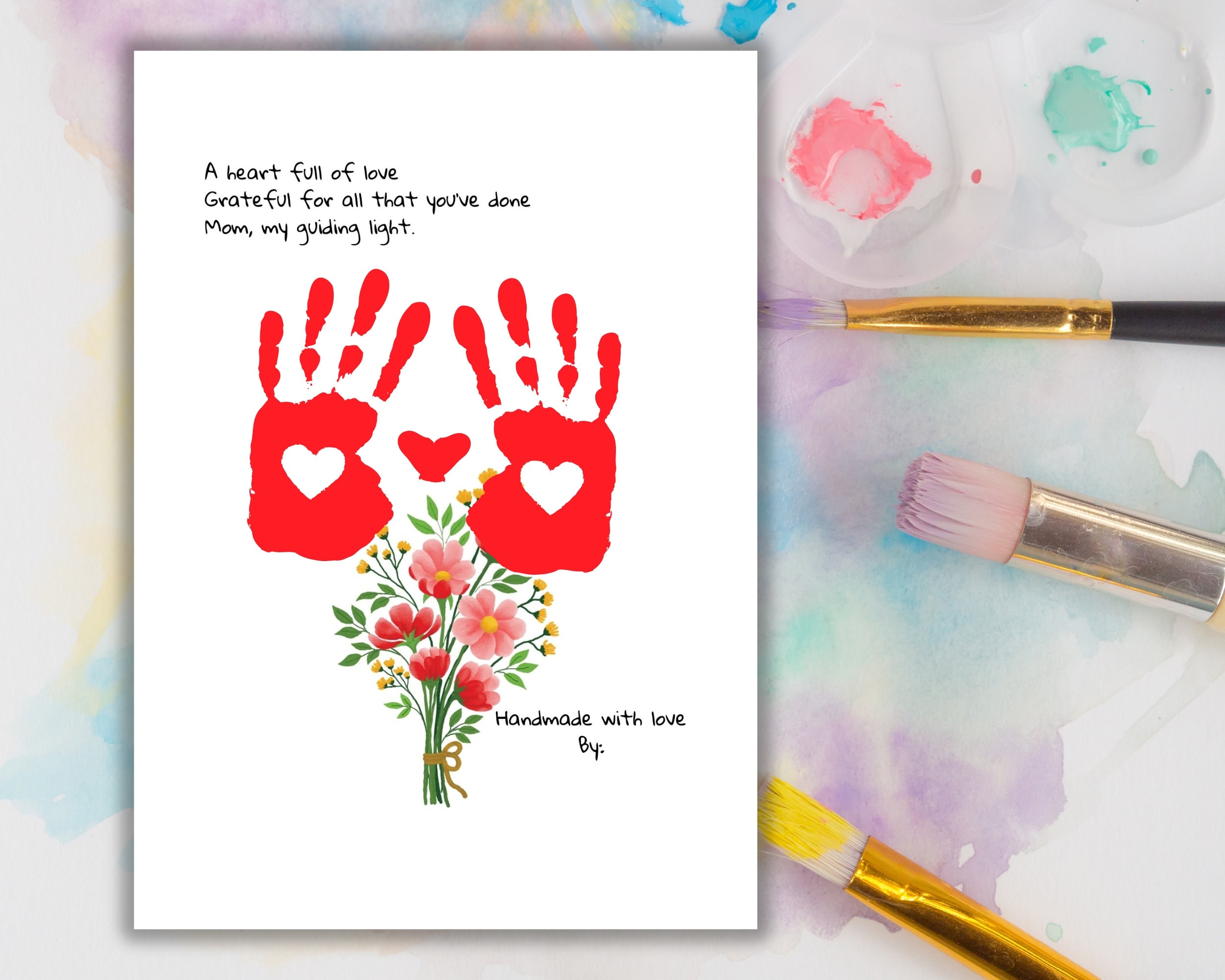 Mother's Day Handprint Craft Printable, Red Floral Bouquet DIY Template ...
