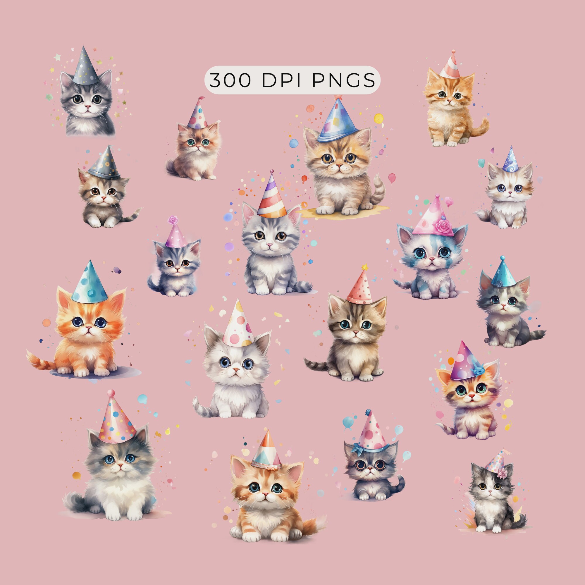 Cat Birthday Clipart, Clipart for Commercial Use, Cute Cat Clip Art ...