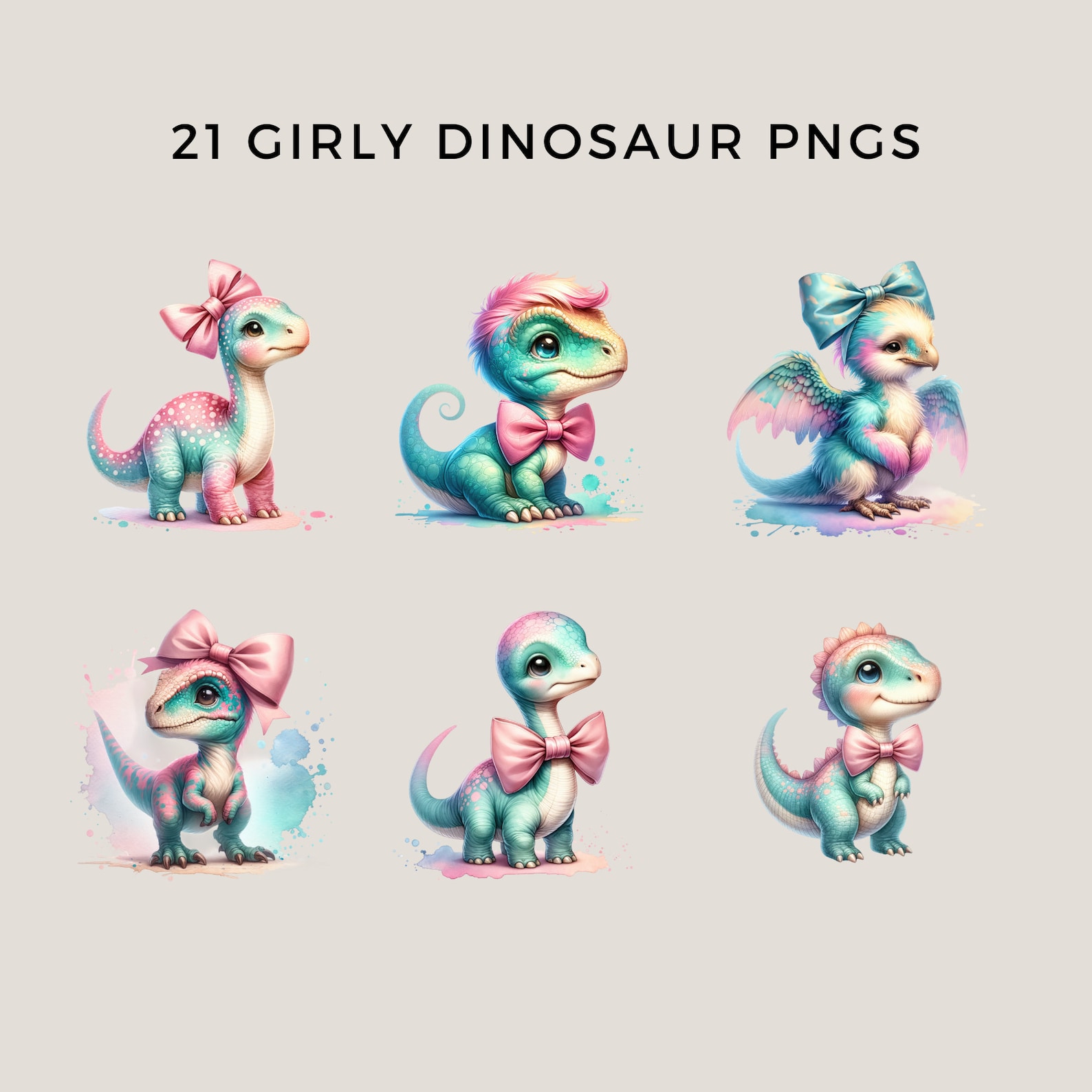 Girly Dinosaurs Watercolor Clipart Set, Dino Clip Art Bundle of ...