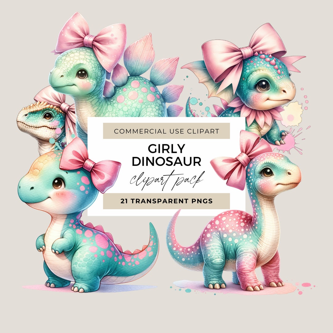 Girly Dinosaurs Watercolor Clipart Set, Dino Clip Art Bundle of ...