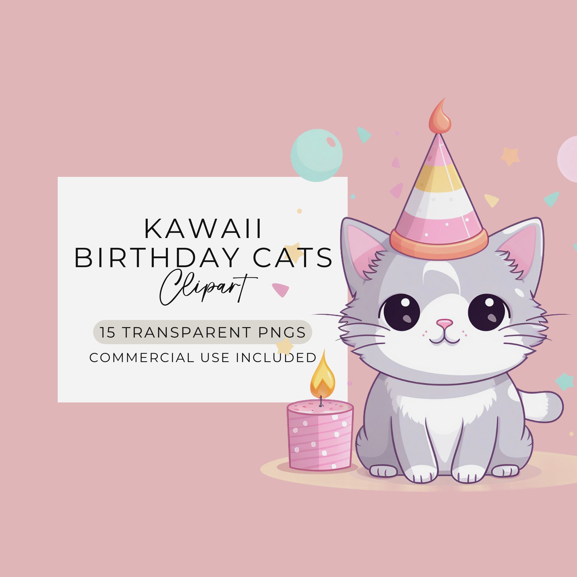 Kawaii Birthday Cats, Clipart for Commercial Use, Cute Cat Clip Art ...