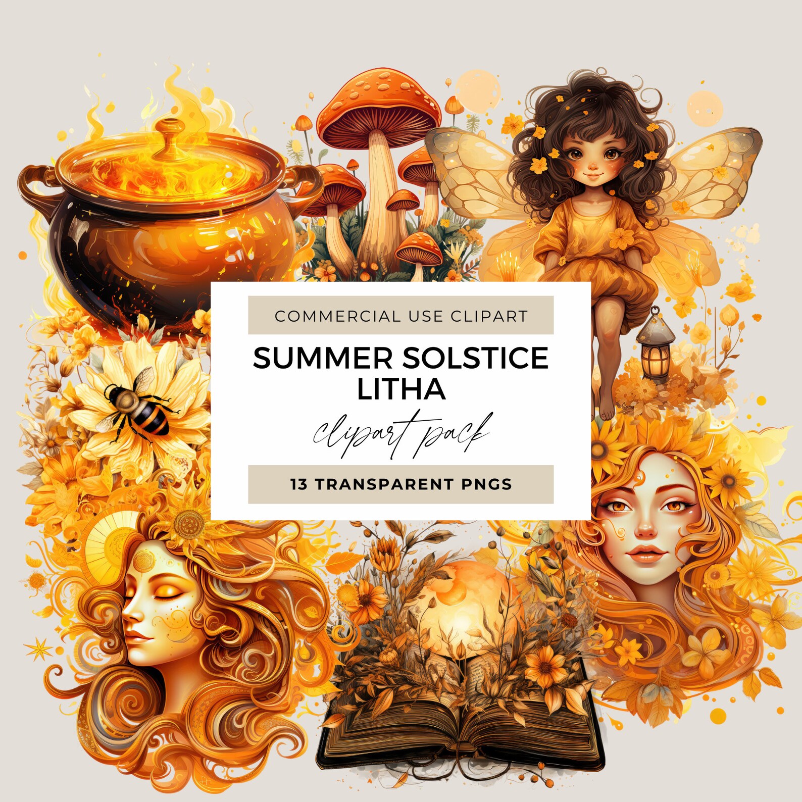 Watercolor Litha Clipart PNG Set, Floral Pagan Holiday Wiccan Art ...