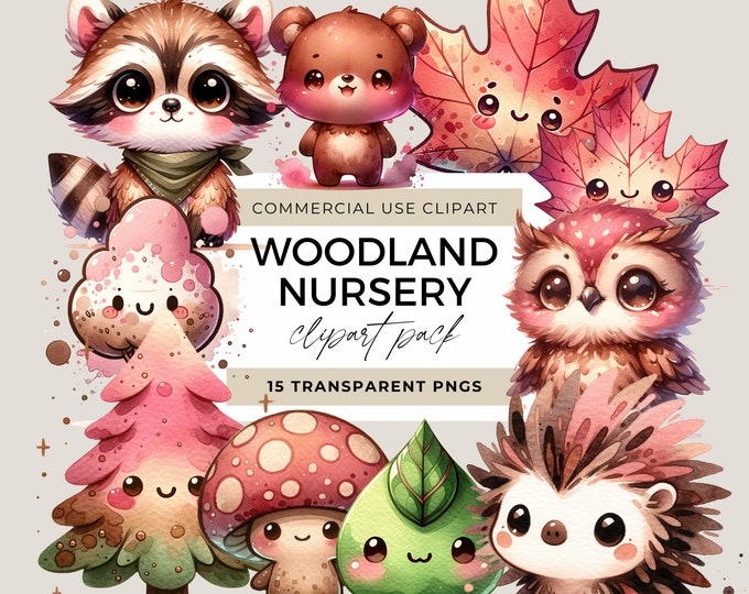 Baby Woodland Animals Clipart Bundle, PNG Printable Set, Cute Nursery ...