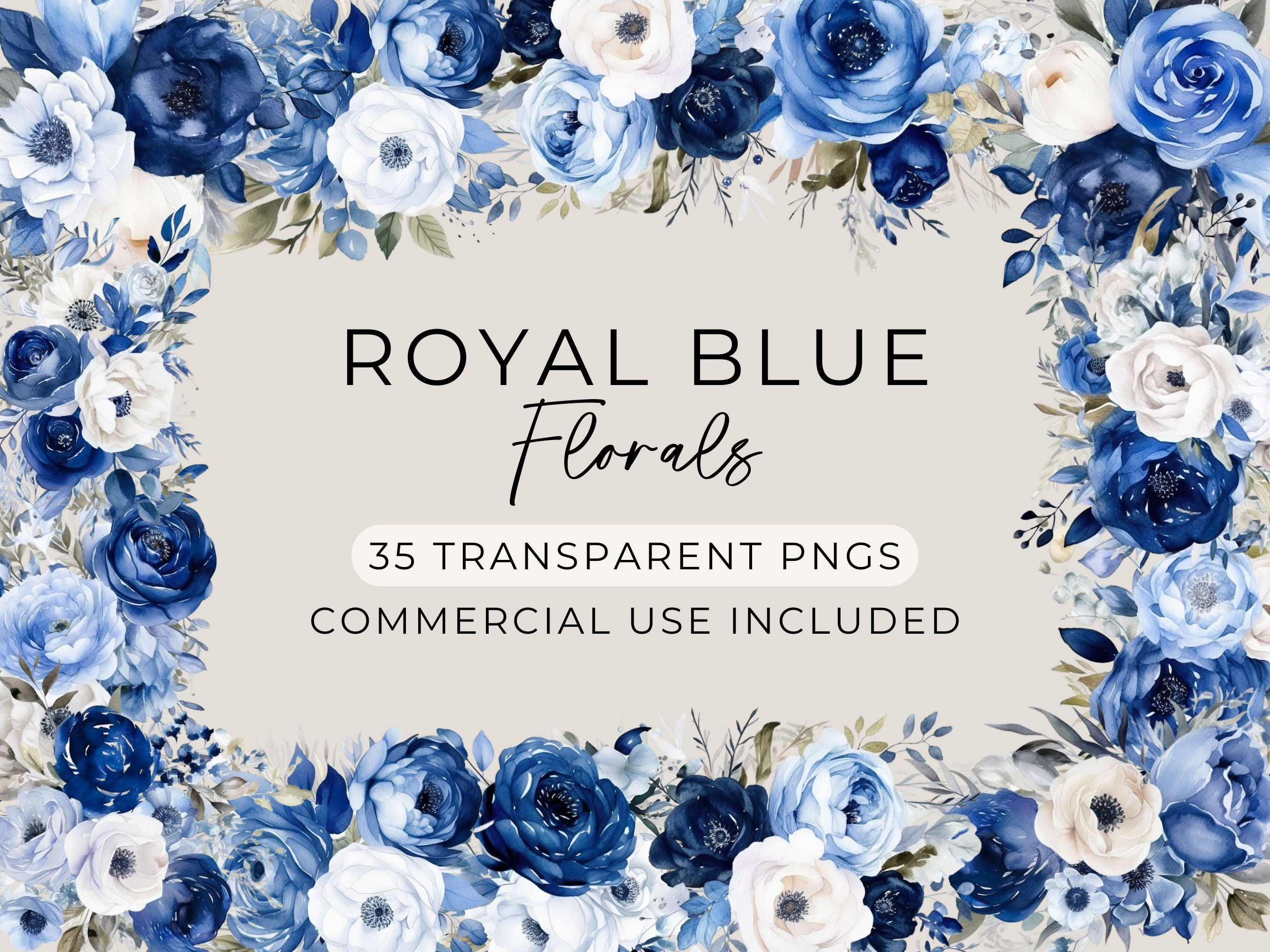 Watercolor Floral Clipart Royal Blue, Clip Art for Commercial Use ...