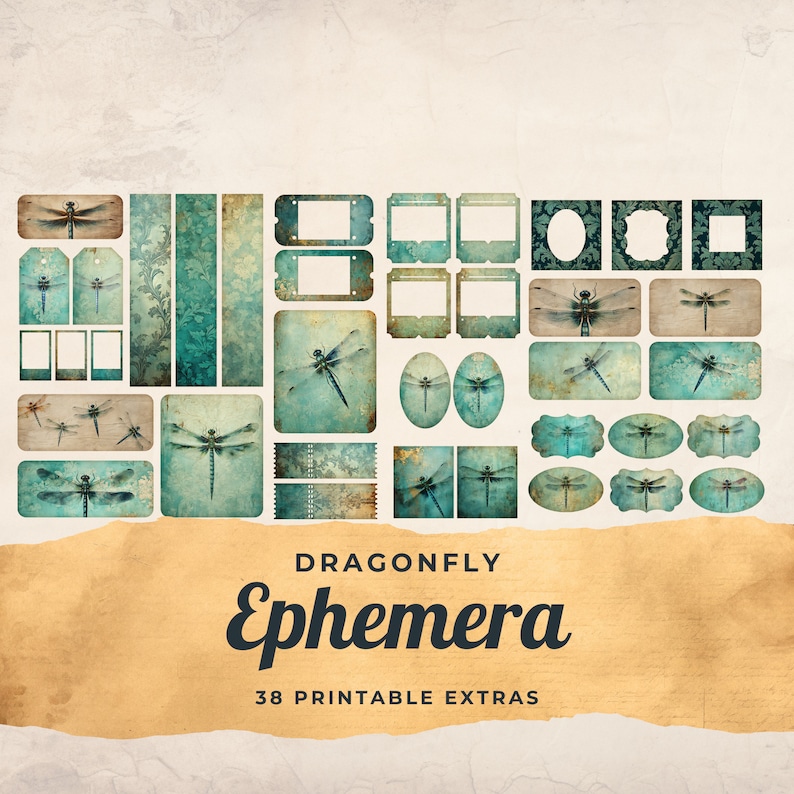 Dragonfly Junk Journal Ephemera Cards, 38 Extras Pack, Teal and Gold ...