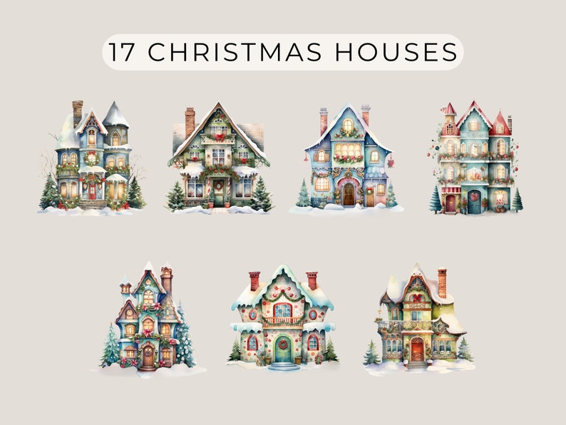 Christmas Houses Clipart Pack, Clipart for Commercial Use, Cute Xmas ...