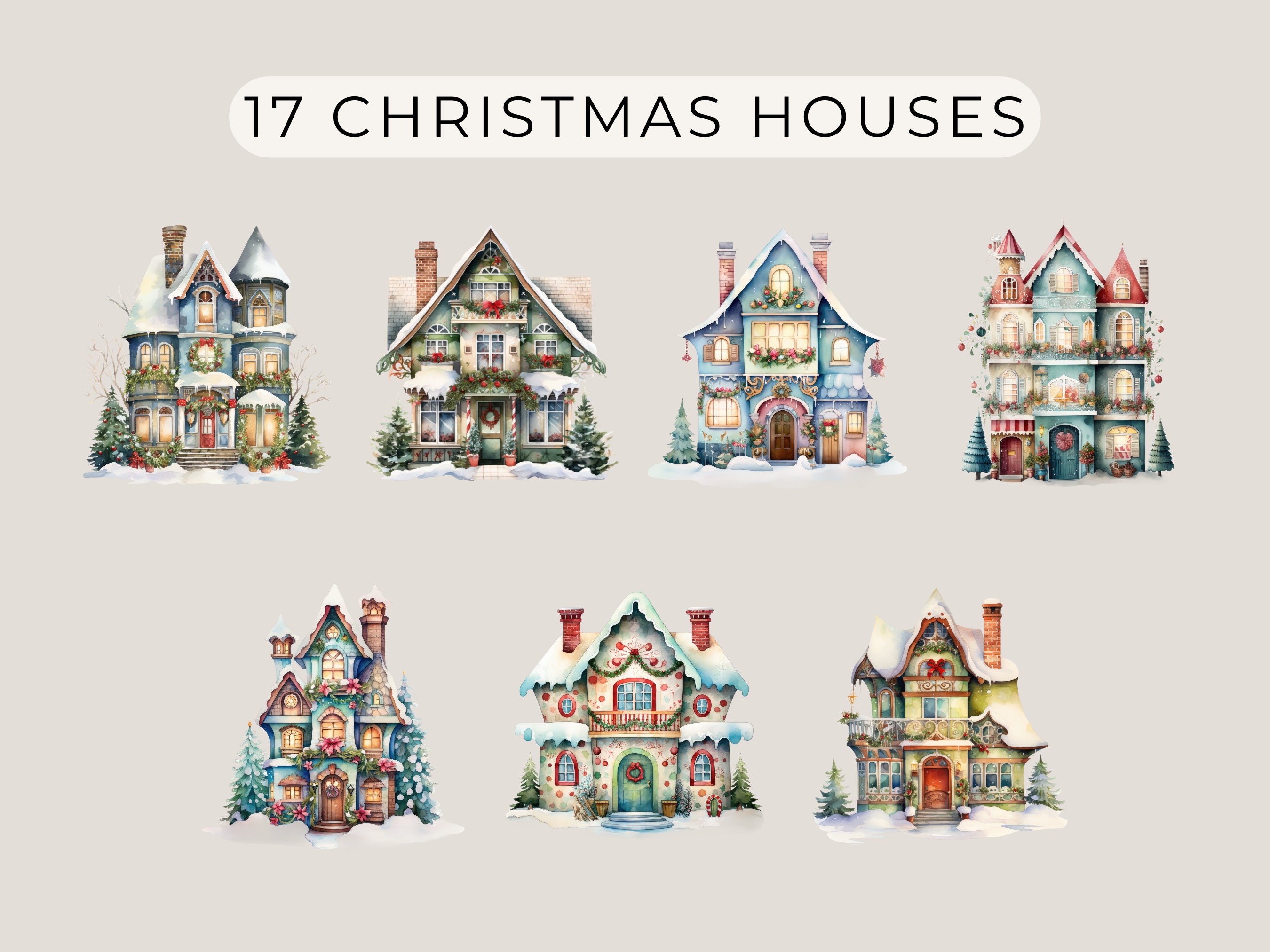 Christmas Houses Clipart Pack, Clipart for Commercial Use, Cute Xmas ...