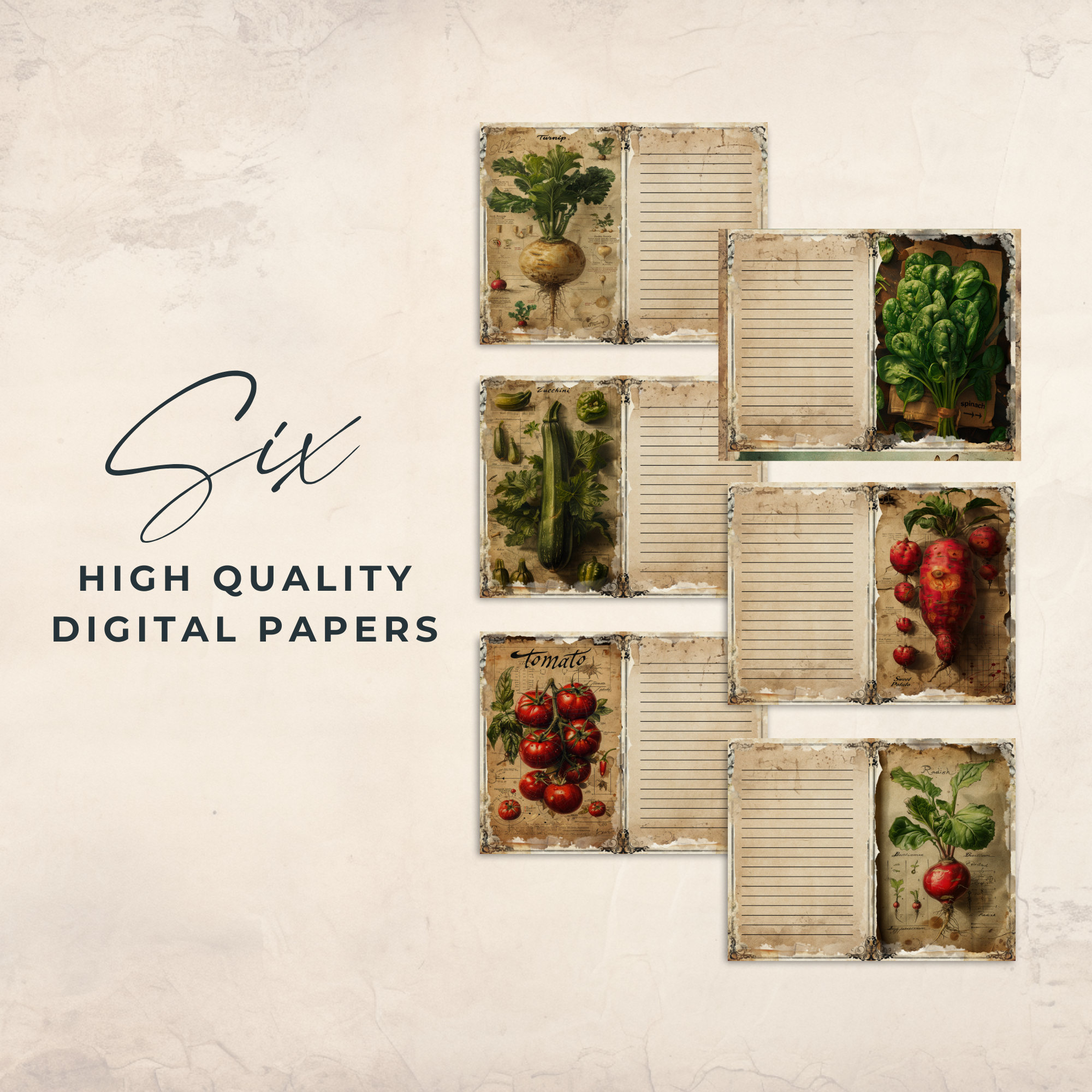 Vegetable Garden Junk Journal Paper, Veggies, 6 Digital Journal Pages ...