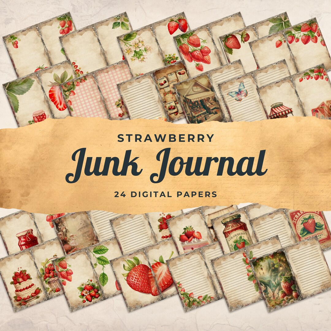 Strawberry Junk Journal Digital Paper, Strawberries JJ Kit, 6 Digital ...